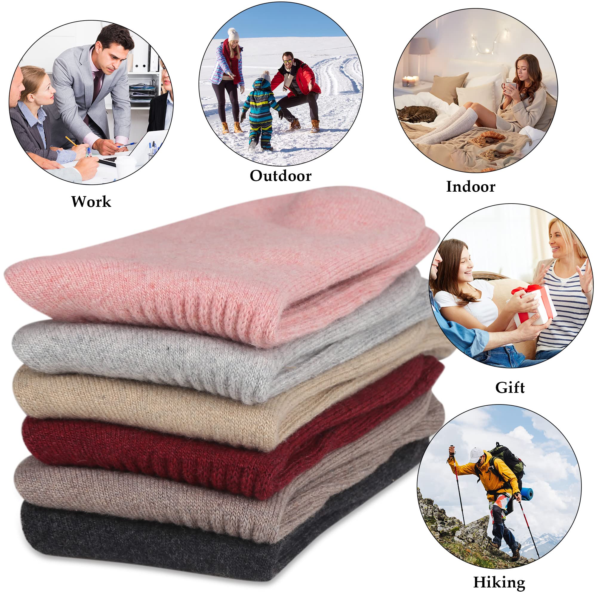 COZYOFFI 3 Pairs Wool Socks for Women Winter Warm Thick Knit Gifts Crew Socks (Wine/Pink/Light Brown)