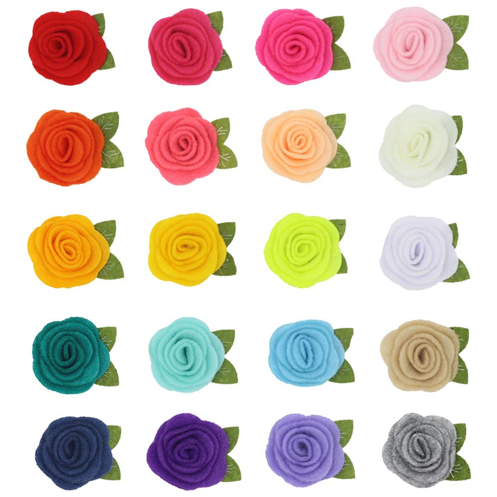 JKJF 20 Pcs Felt Rosette with Leaf Felt Rose Flowers Fabric Flowers for DIY Crafts Hair Accessories Wedding Decor - 20 Colors