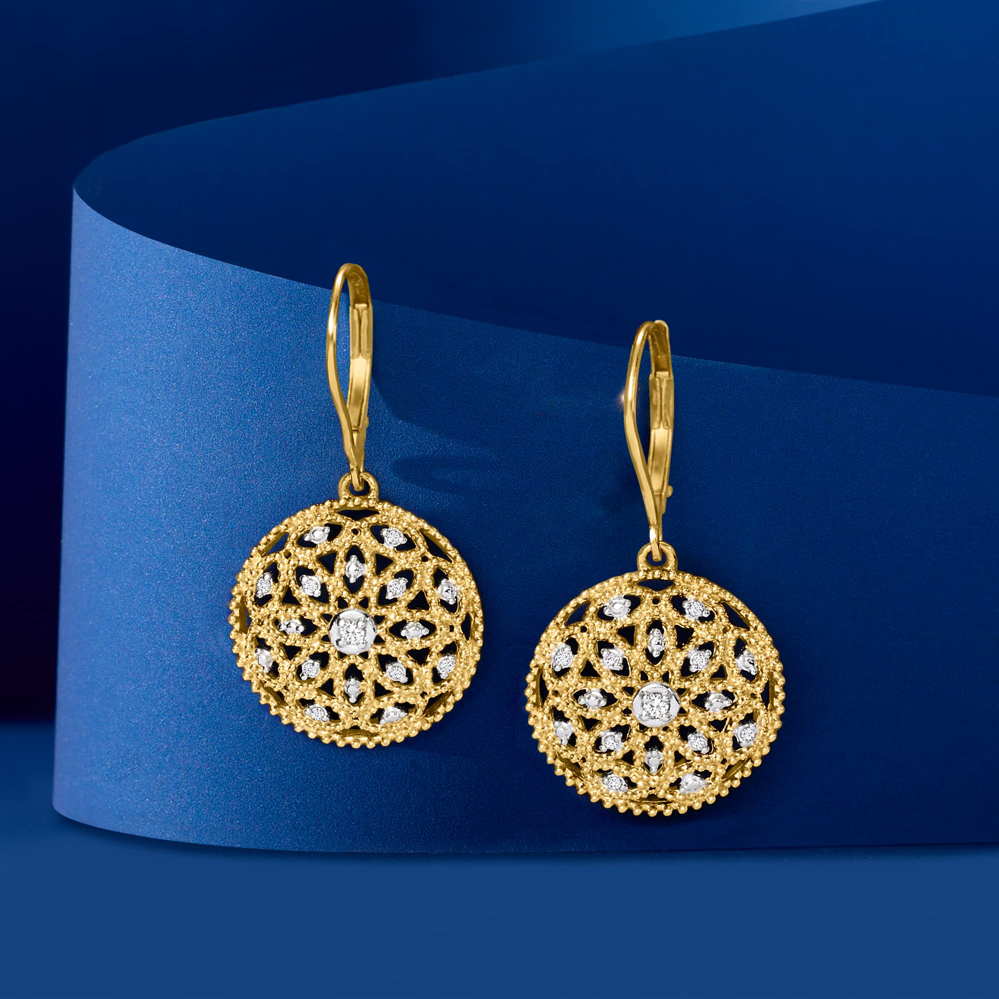 Ross-Simons 0.10 ct. t.w. Diamond Circle Drop Earrings in 18kt Gold Over Sterling