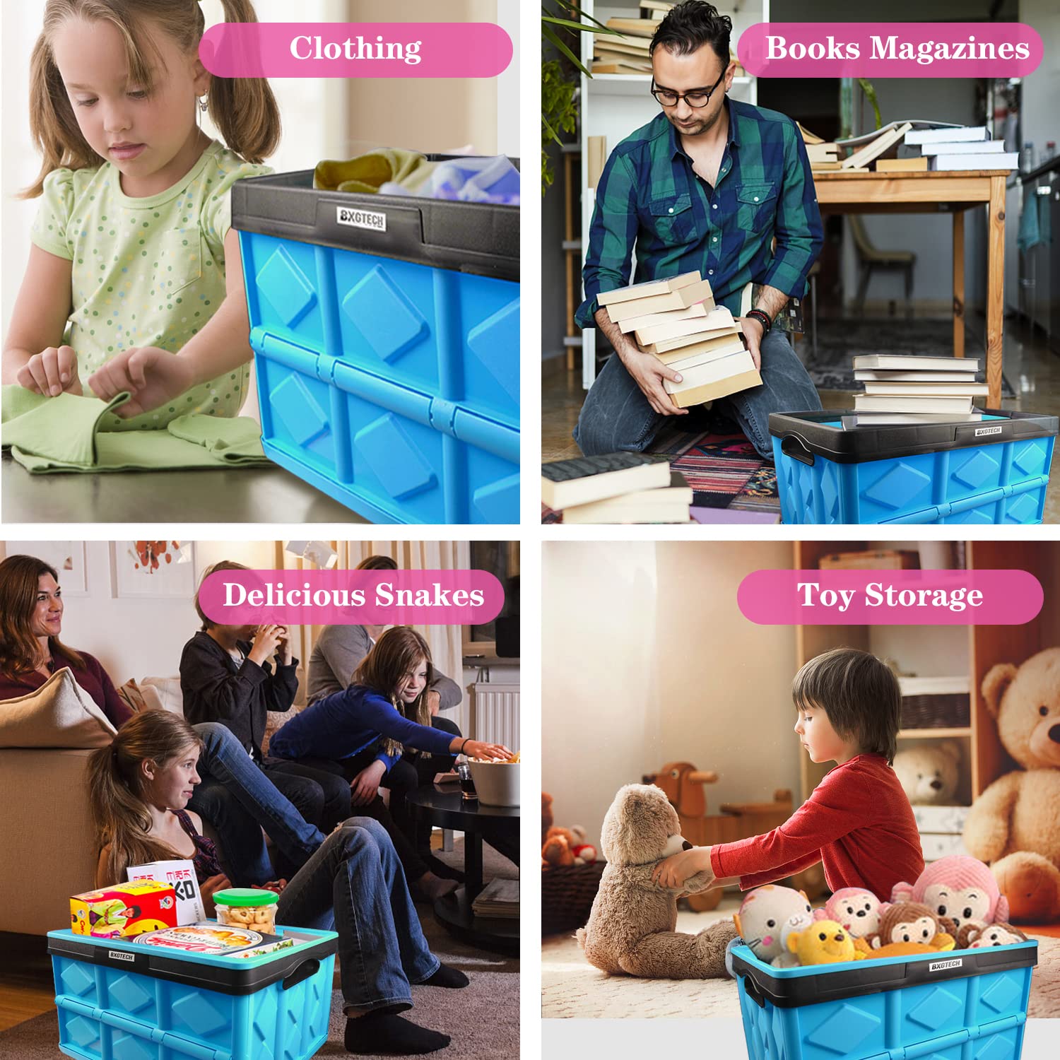 BXGTECH Collapsible Storage Bin, 55L Storage Bins with Lids Foldable Storage Boxes for Home Office Kitchen, Books, Snacks, Shoes, Grocery Storage (Purple & Black)