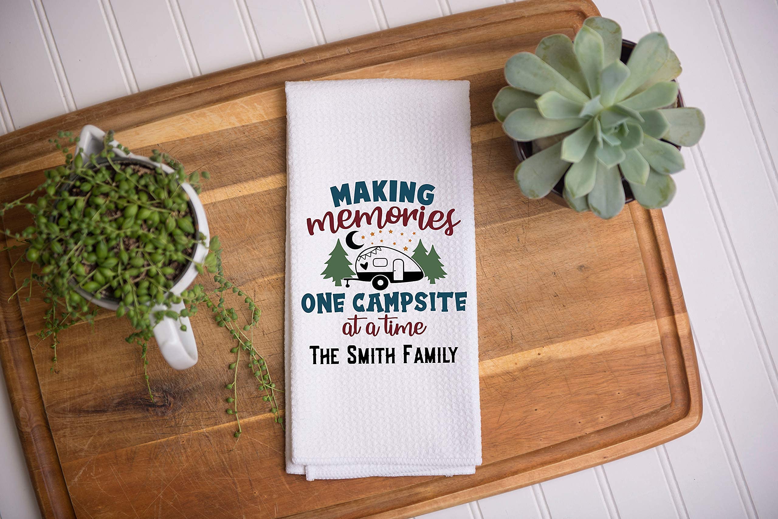 CANARY ROAD Personalized Making Memories One Campsite At A Time Waffle Weave Dish Towel | Personalized Kitchen Towel | Travel Trailer Gift | Camper Accessories | Personalized Dish Towel | Camper Decor