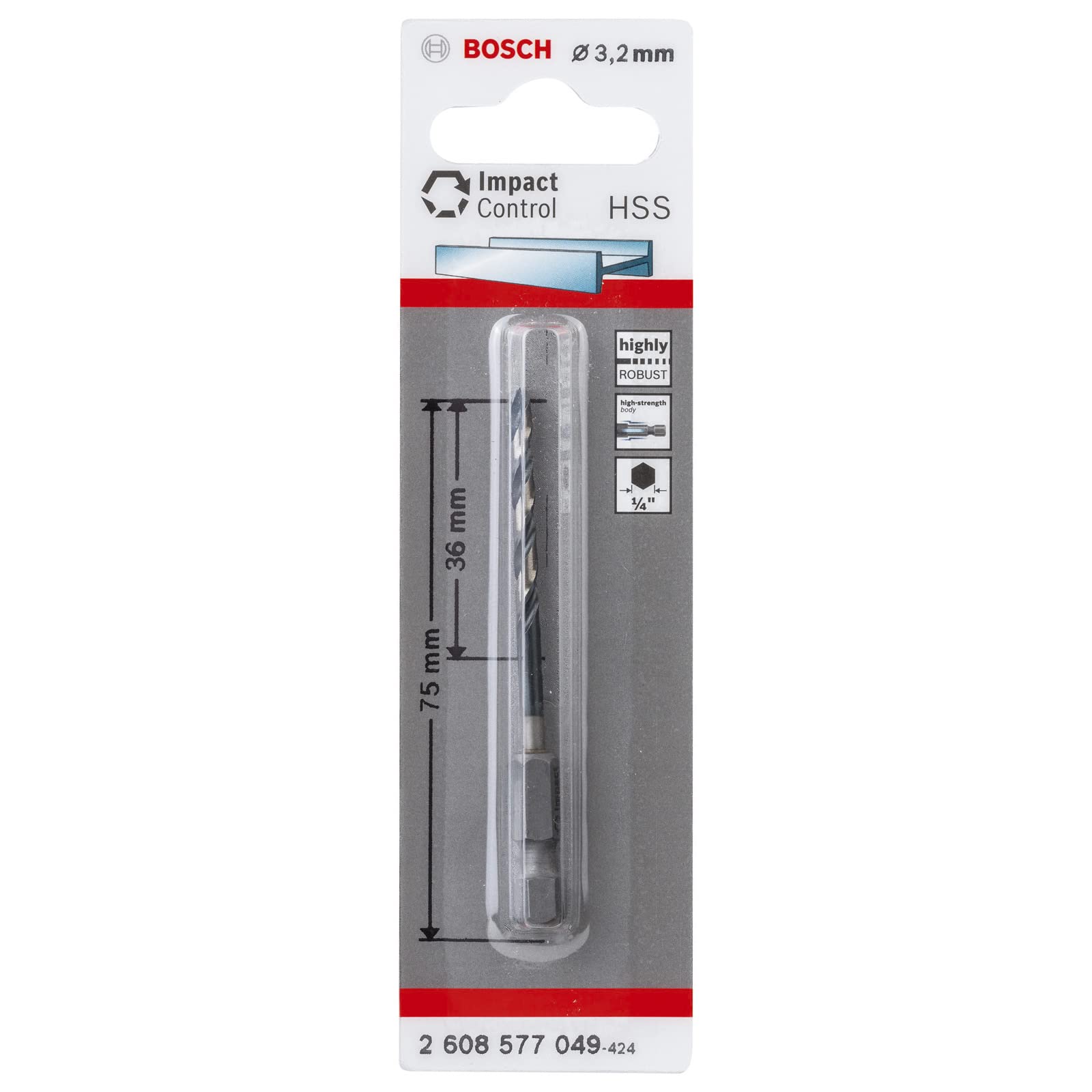 Bosch Professional Impact Control HSS Twist Drill Bit (for metal, 3.2 x 36 x 75 mm, accessories for impact drills)