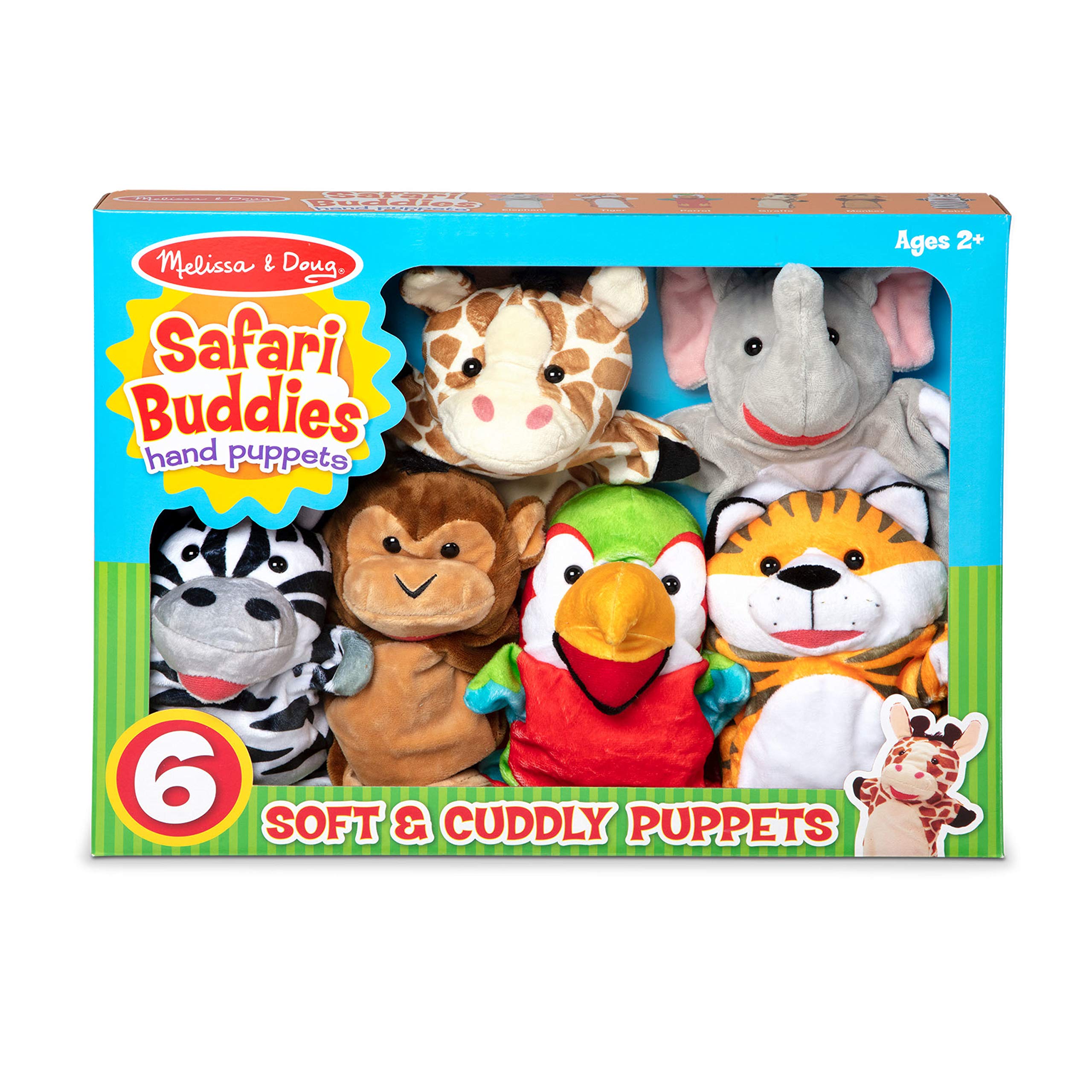Melissa & Doug Safari Buddies Hand Puppets, Set of 6 (Elephant, Tiger, Parrot, Giraffe, Monkey, Zebra) Soft, Plush Animal Hand Puppets For Toddlers And Kids Ages 2+