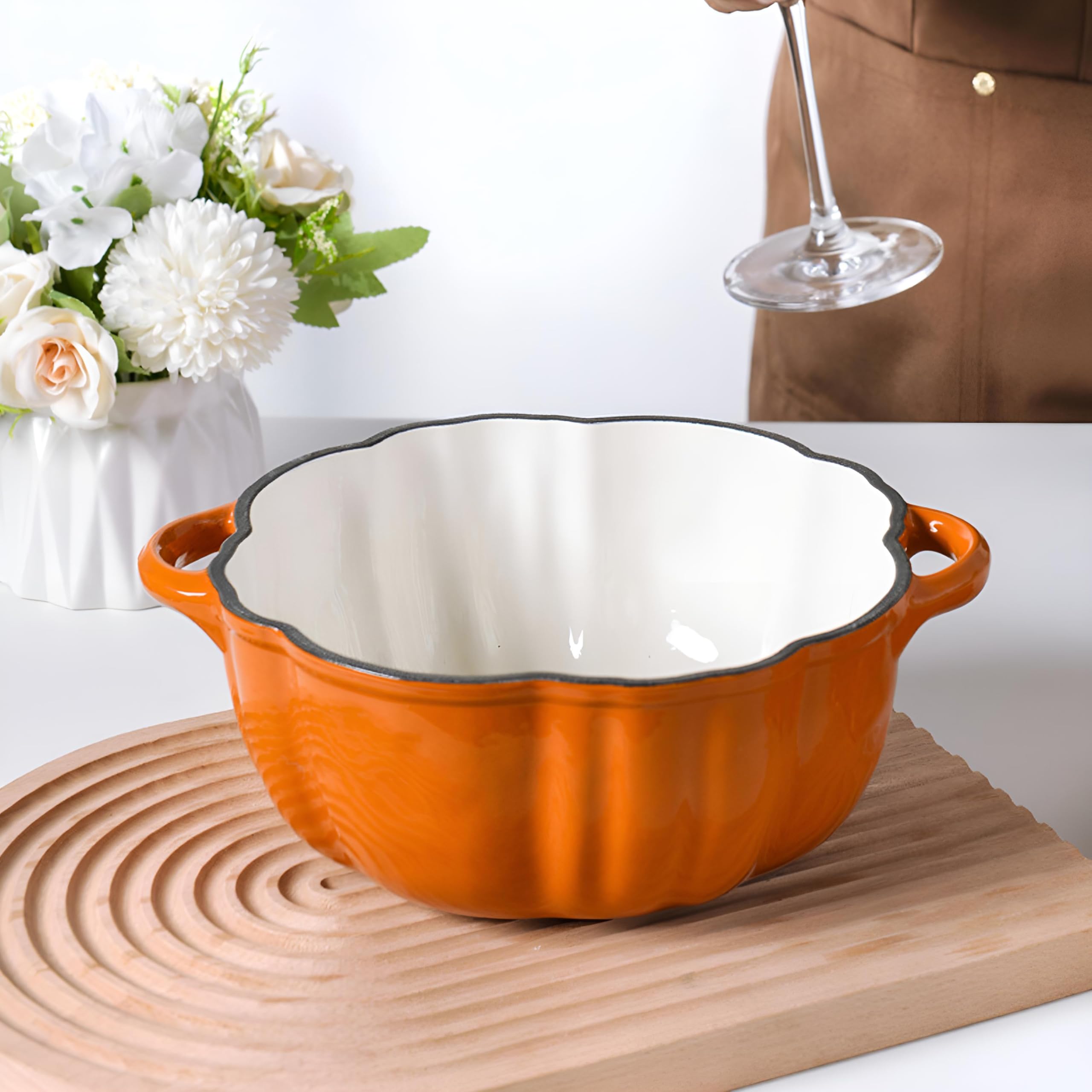 Enameled Cast Iron Dutch Oven with Lid, 1.5 qt Pumpkin Shaped Pot for Versatile Cooking,Pumpkin Dish with Big Dual Handles,Oven & Stove Safe (Orange)