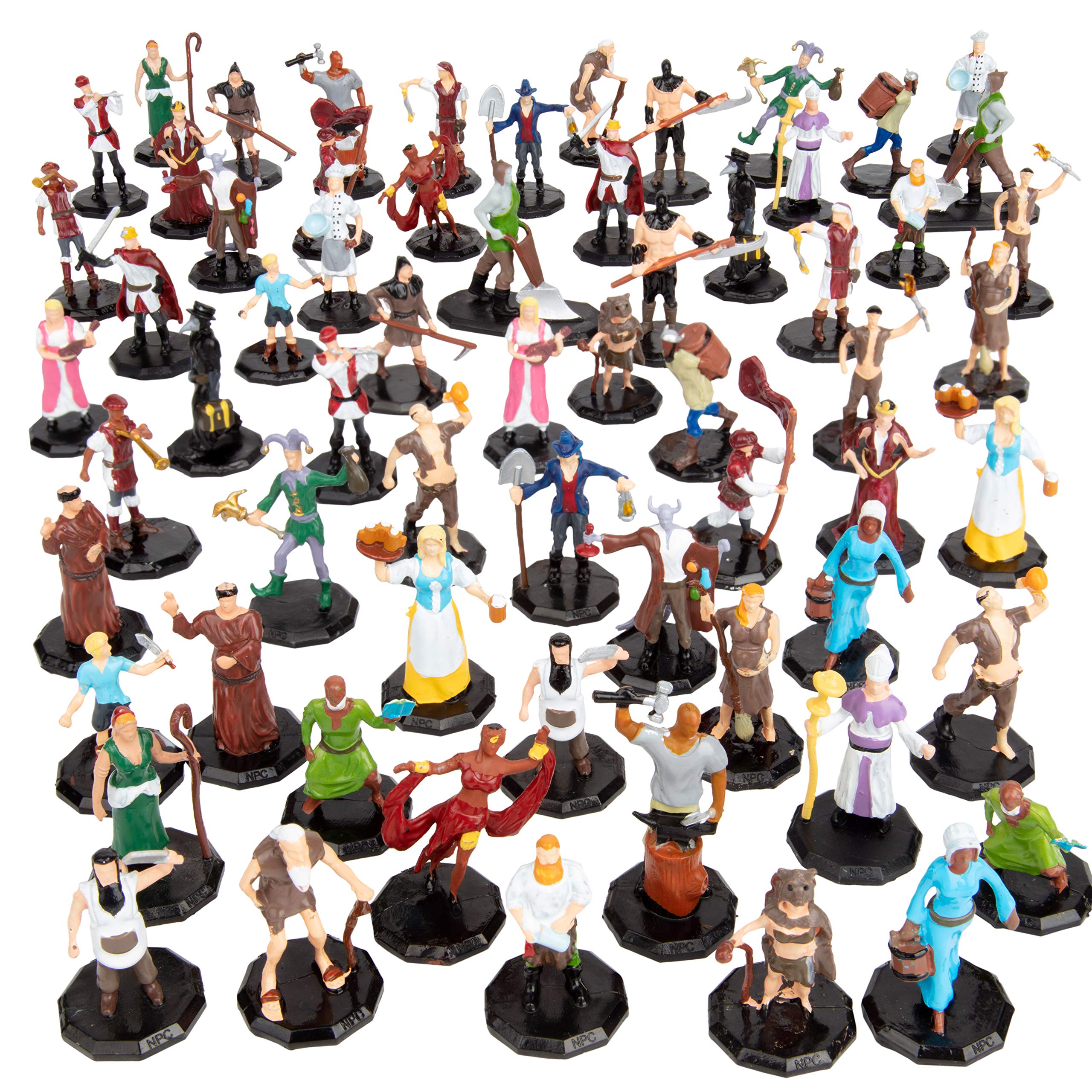 Townsfolk Mini Fantasy Bulk Figures Set- 64 Hand-Painted Miniatures (2x of 32 Unique Sculpts)- 1" Hex Nobility, Merchants, and more- Compatible w DND Dungeons Dragons, Pathfinder, RPG Tabletop Games
