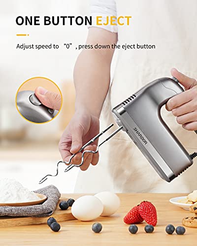 SHARDOR Hand Mixer, 350W Handheld Mixer with Storage Case 5-Speed Plus Turbo Hand Mixer Electric With 5 Stainless Steel Attachments(2 Beaters, 2 Dough Hooks and 1 Whisk), Silver