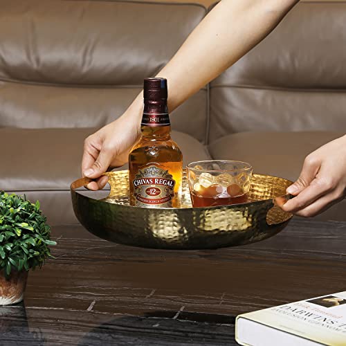 MyGift 12 Inch Round Brass Metal Handcrafted Unique Serving Tray with Hammered Pattern Design and Cut Out Handles, Decorative Coffee Table Tray - Handmade in India