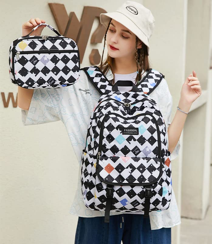 Gnoved Girls Backpack with Lunch Box 2pcs Set Checkered Laptop Kawaii Backpack Boys Preppy Bookbag Over 6 Years Old Black