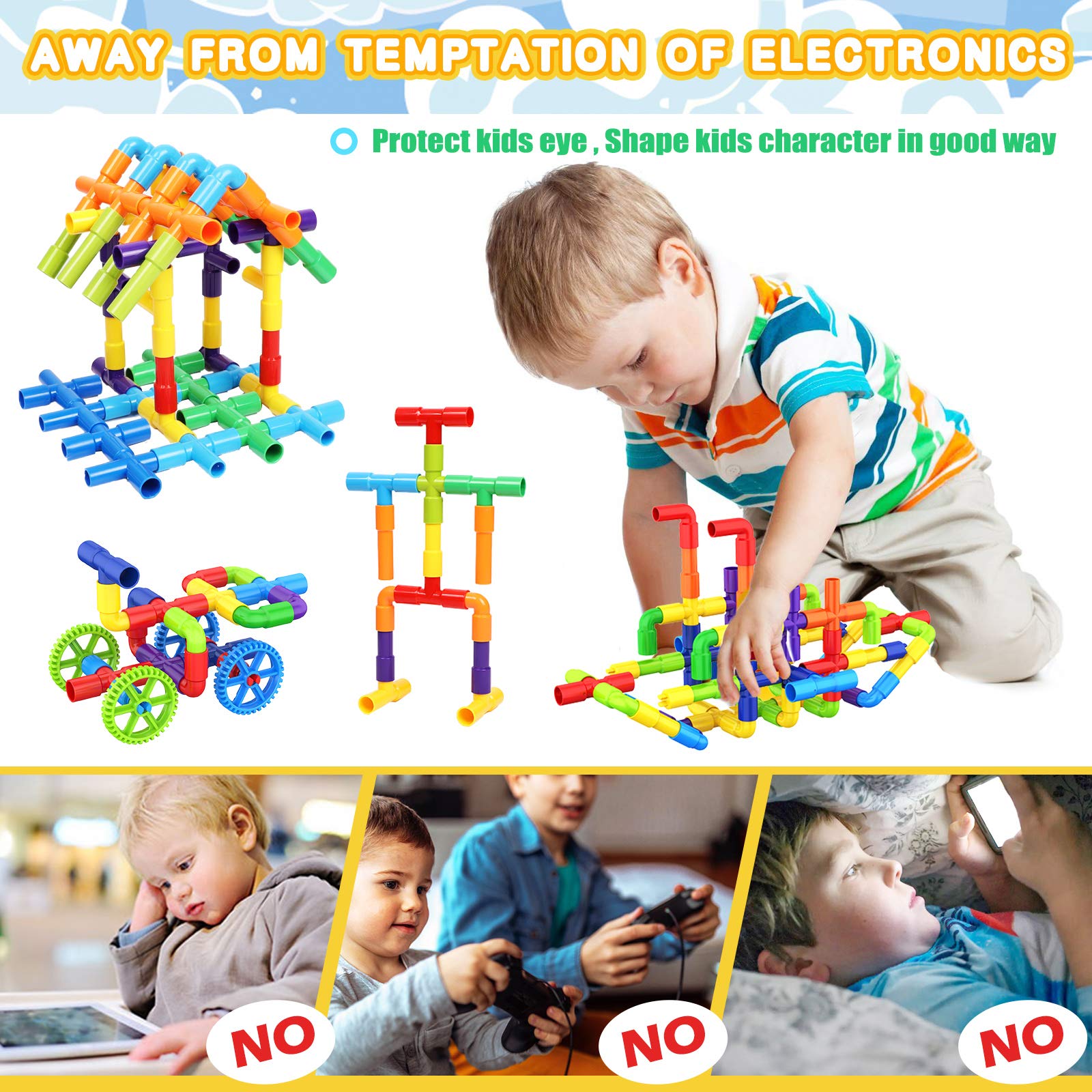 STEM Toy Pipe Tube Building Set for Kids, 175 Pcs Tube Locks Construction Building Blocks Set with Storage Container Box, Pipe Building Toys for Boys Girls Age 3+, Multicolor Educational Toy Gift