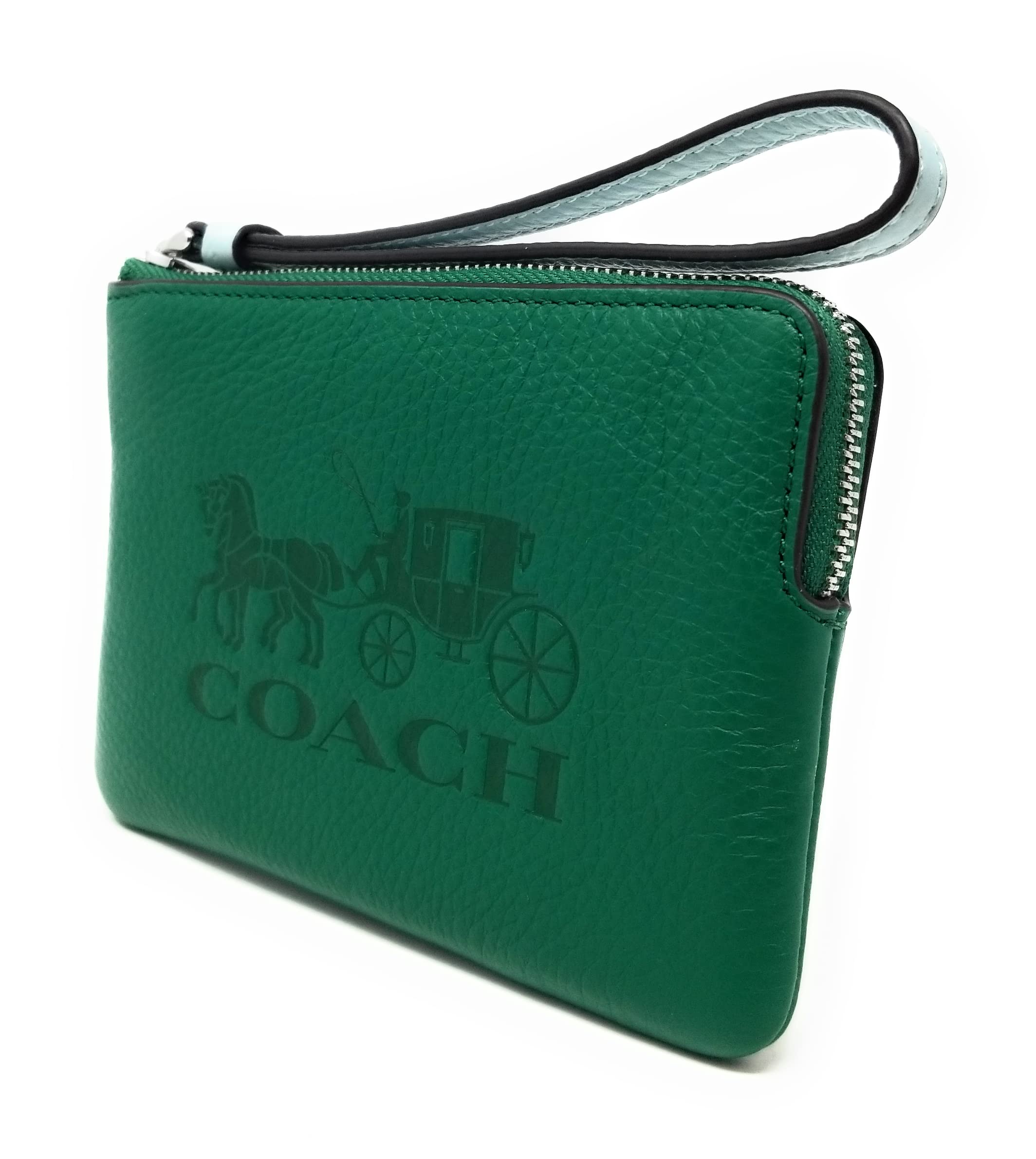 COACH Women's Corner Zip Wristlet (Pebble Leather Embossed Green Multi)