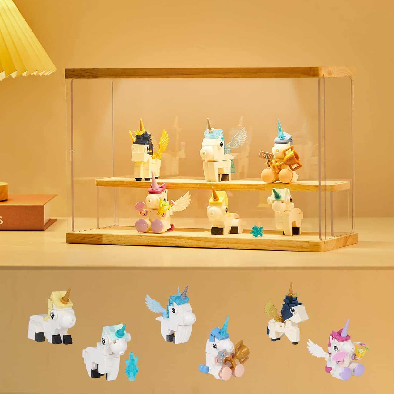 Chifafortoo Unicorns Building Blocks Set Toys & Acrylic Display Box with Led Lights, 6 Artificial DIY Creative Unicorns Arts and Crafts for Kids 5+, Micro Mini Bricks Kit Compatible with Lego