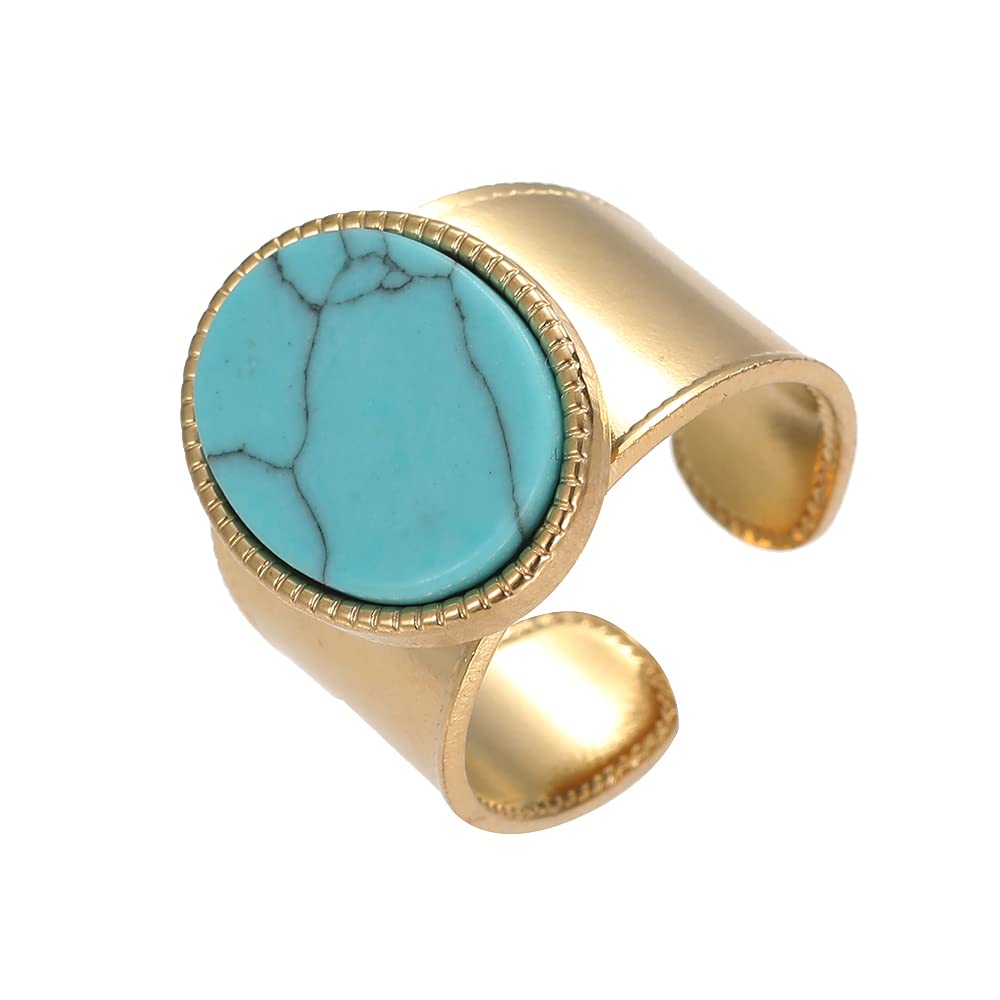 BLAVETI Stainless Steel Green Natural Turquoise Opening Ring,Statement Golden 18 K Plated Ring,for Jewelry Adjustable for Women Men Gift