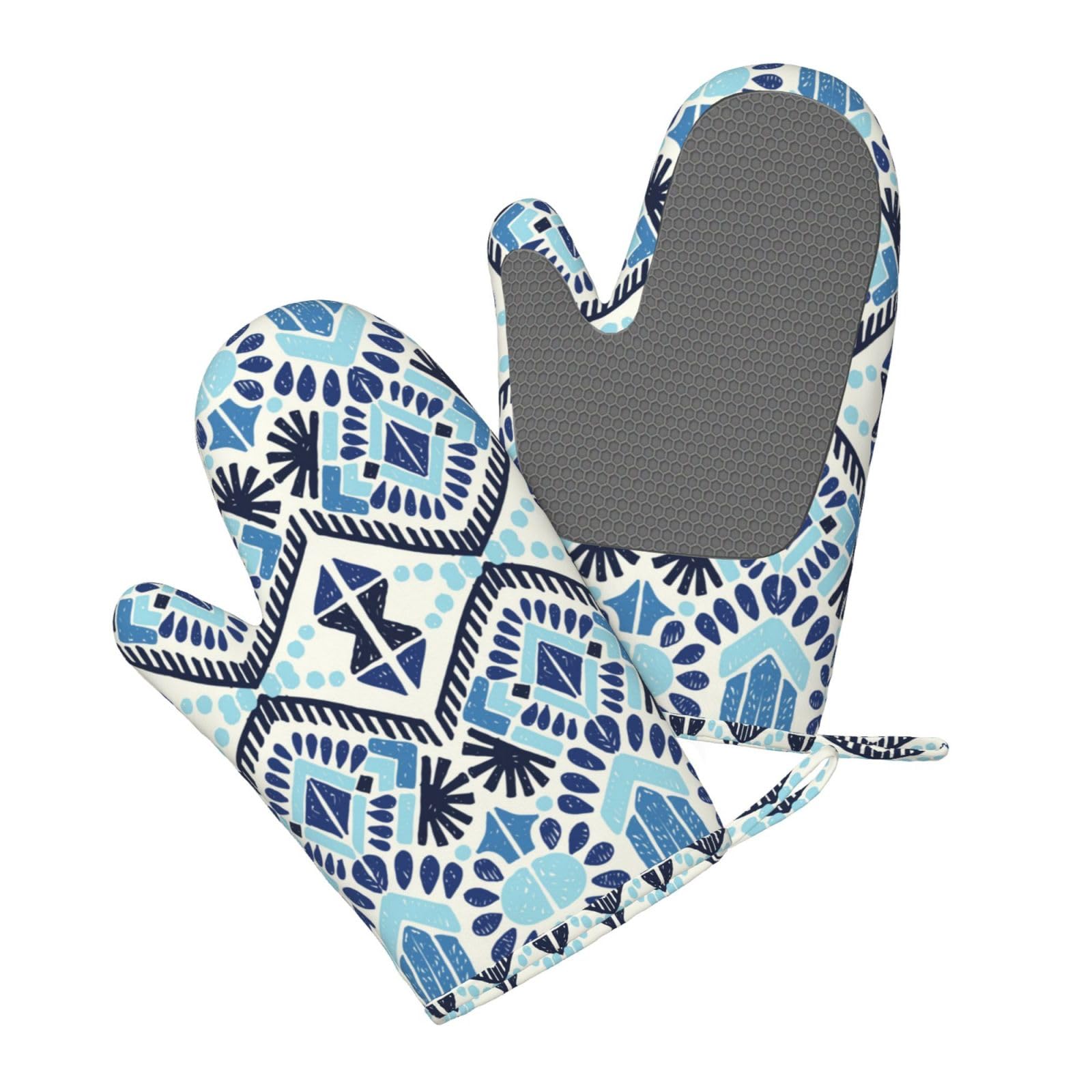 Boho Blue Stripes Vintage Silicone Oven Mitts Pair Funny Oven Mitts for Kitchen Oven Gloves Non-Slip Baking Gloves Kitchen Accessories Mittens for Cooking Baking