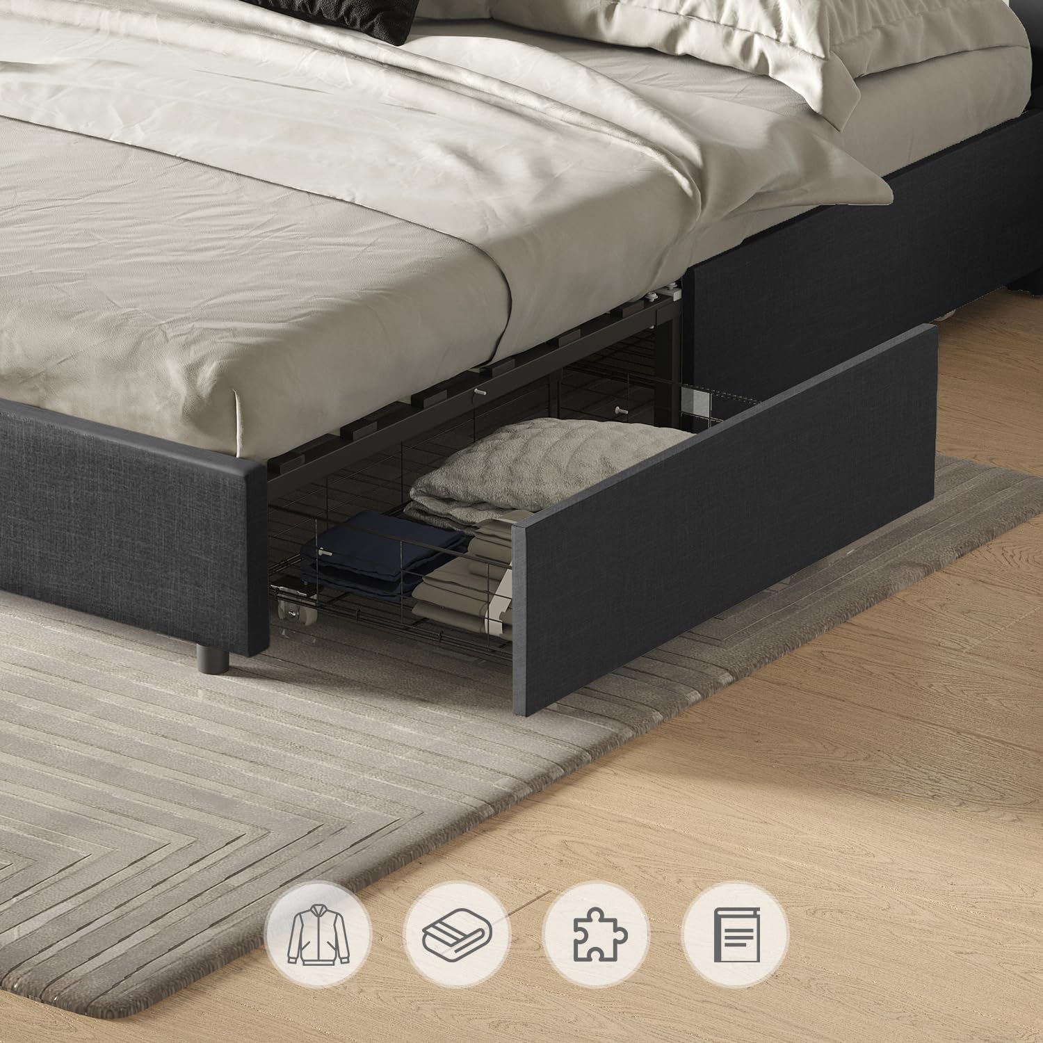 BONSOIR Queen Size Dark Grey Storage Bed Frame Upholstered Low Profile Traditional Platform with Tufted and Nail Headboard