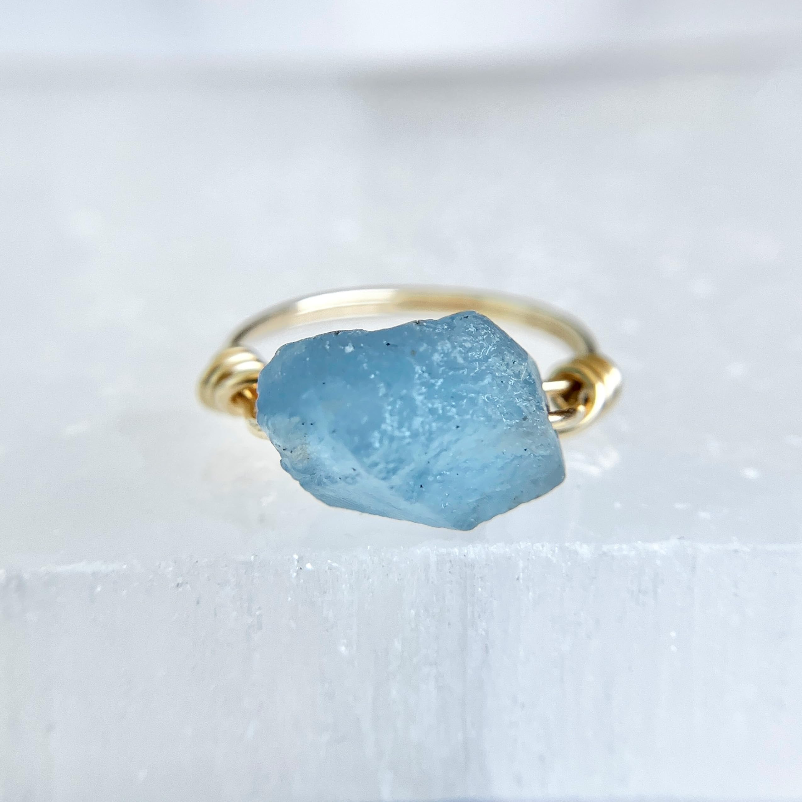 Raw Aquamarine Gemstone Ring, Irregular Shaped Stone Ring, Sterling Silver 14K Gold-Filled 14K Rose Gold-Filled Band, Wire Wrapped Band, March Birthstone, Custom Size, Jewelry Inspirations