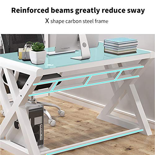 IPKIG 55.1Inch Tempered Glass Computer Desk w/Glass Top Metal Frame, Office Desk Computer Table Modern Office Study Work Writing Desk Table for Home Office Personal Workstation (White-55.1 Inch)