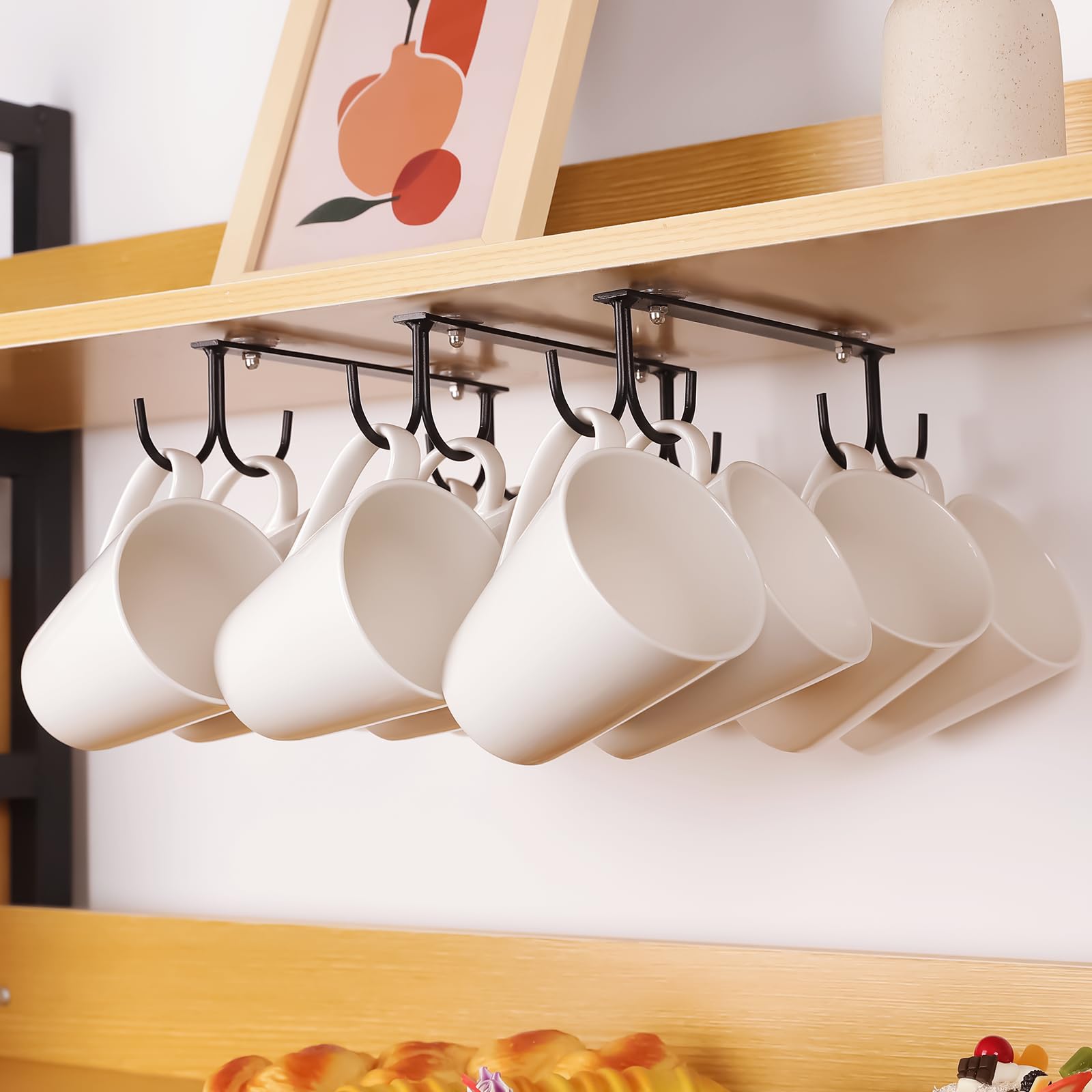EigPluy Mug Hooks Under Cabinet,3 Pieces Under Cabinet Mug Holder,Under Shelf Mug Organizer Rack with 12 Hooks,Display Hanging Storage Hook for Mugs/Coffee Cups/Kitchen Utensils, Black