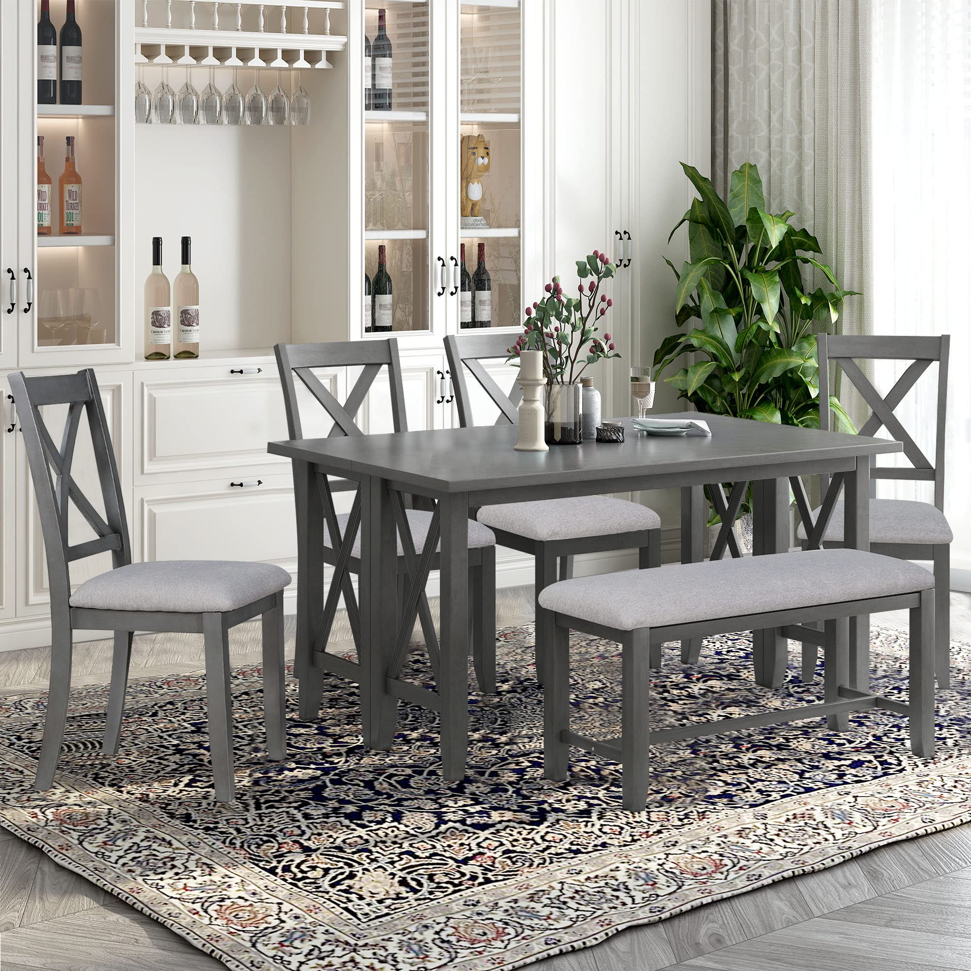 BIADNBZ 6-Piece Dining Table Bench, Foldable Tabletop and 4 Padded Chairs, Solid Wood Kitchen Furniture Set for DiningRoom, Gray