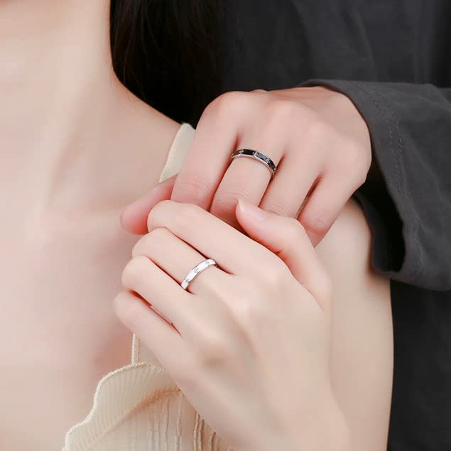 Cathay Select [New] Sterling Silver Couple Rings Set, Adjustable, For Him and Her Wedding Promise Love Rings, Black and White