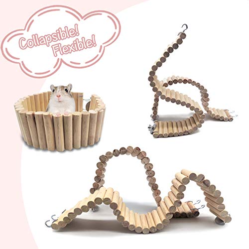 kathson 6 Pcs Wooden Hamster Suspension Ladder Bridge,Bendable Long Climbing Ladders Pet Cage Toy Accessories Hideout Natural Chew Balls for Mouse Chipmunk Rabbits and Other Small Animals