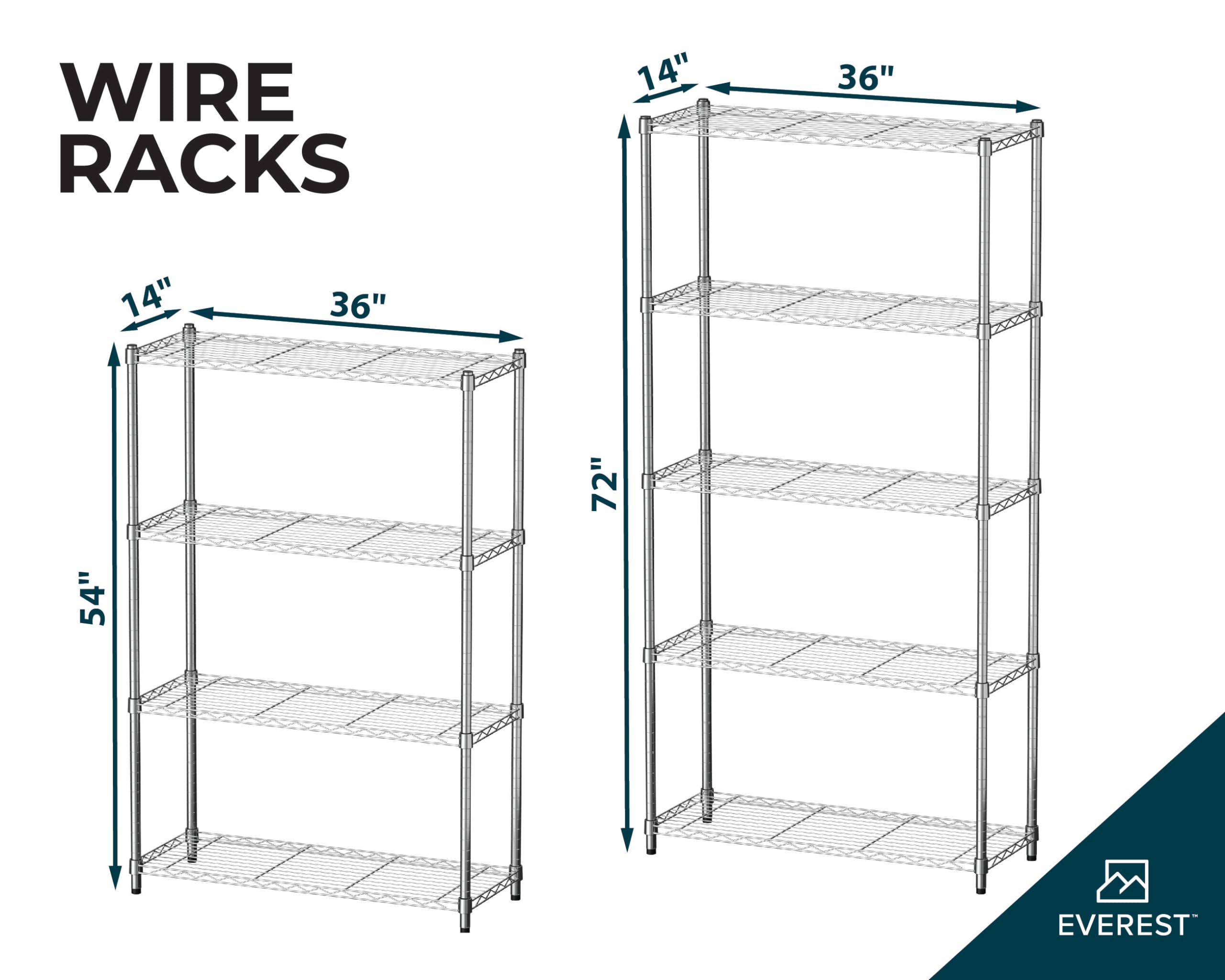 Everest 4-Shelf Shelving Units and Storage, Heavy Duty Storage Shelves (up to 250lbs), Wire Shelving Rack, Chrome Rack Shelf, 14" D x 36" W x 54" H