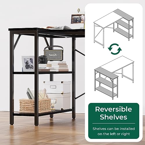 Huuger L Shaped Desk, 39 Inches Computer Desk with Reversible Storage Shelves, Gaming Desk, Corner Desk Home Office Desks, Writing Desk Study Desk with Metal Frame, Black