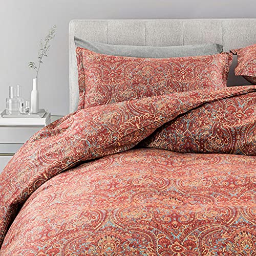 Eikei Boho Paisley Print Luxury Duvet Cover and Shams 3pc Bedding Set Intricate Tuscany Bohemian Damask Medallion 350TC Egyptian Cotton Sateen (Queen)