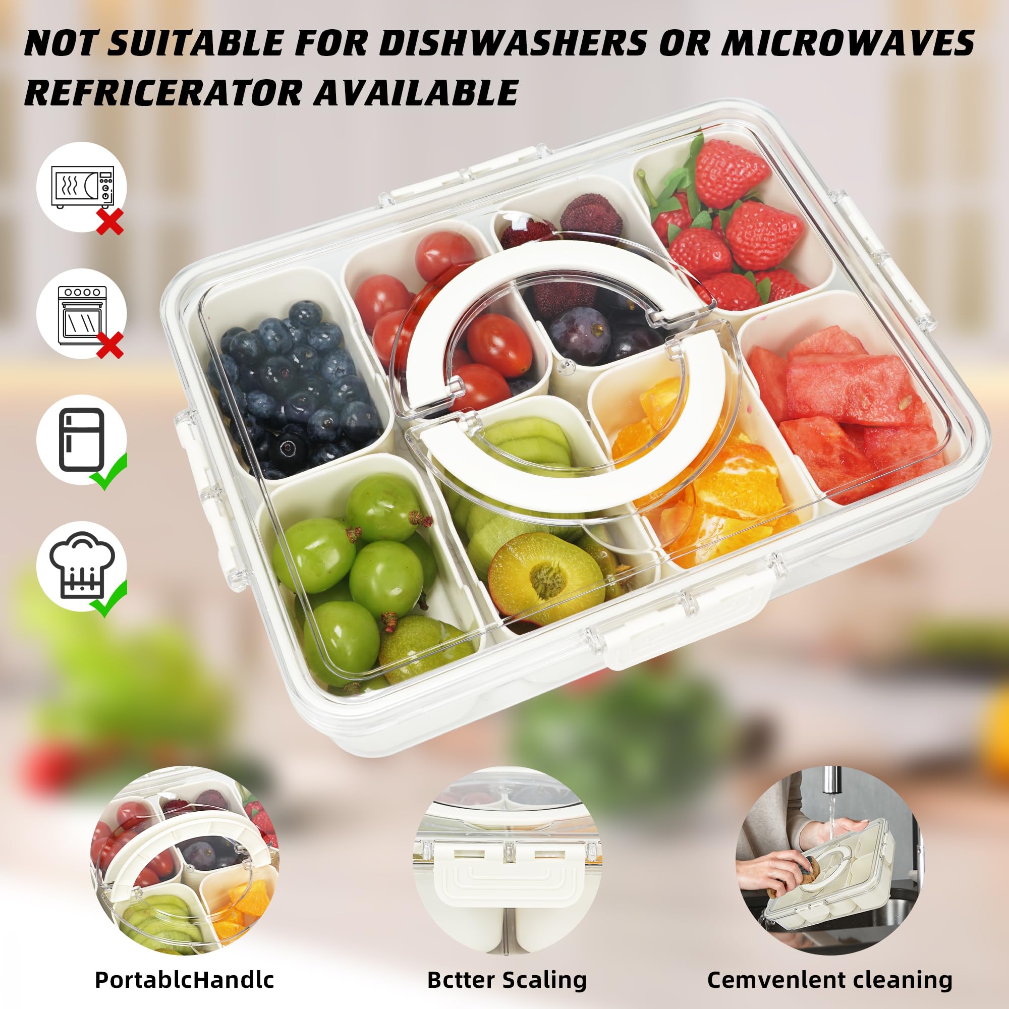 Divided Veggie Tray with Lid and Handle,Compartment Serving Tray with Dividers,Clear Storage Organizer for Candy, Veggie, Fruits, Nuts& Spices, Portable Snack Container for Entertaining Party, Picnic