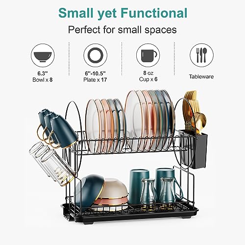 iSPECLE Dish Drying Rack - 2 Tier Small Dish Racks for Kitchen Counter with Glass Holder, Utensil Holder and Drainboard, Small Dish Dryer Rack, Multifunctional Dish Drainer, Black