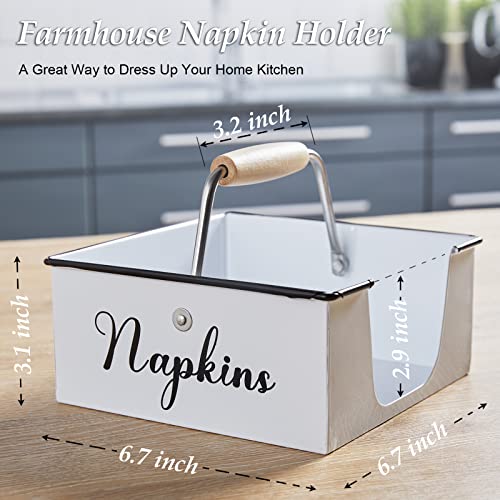 Napkin Holder for Table, Bivvclaz Rustic Metal Napkin Holders for Paper Napkins, Napkin Holders for Kitchen with Wood Accent, Flat Napkin Dispenser for Indoor & Outdoor Use, White