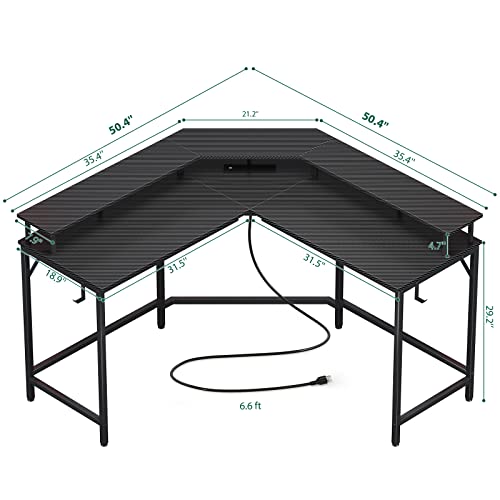 Huuger L Shaped Gaming Desk with Power Outlets & LED Lights, Computer Desk with Monitor Shelves, Carbon Fiber Surface, Home Office Desk, Corner Gaming Desk with Hooks, Black
