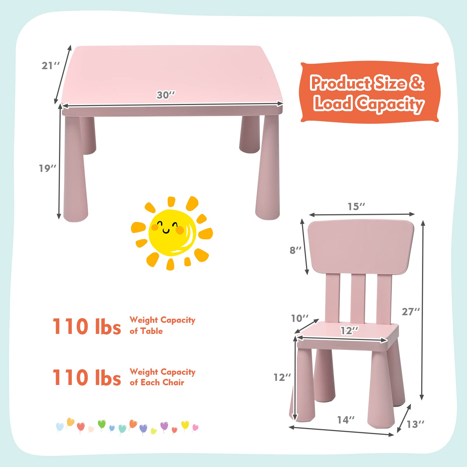 COSTWAY 3-Piece Kids Table and Chairs Set, Lightweight Plastic Children Activity Center for Reading, Writing, Painting, Snack Time, Kids Furniture Art Study Desk & Chairs Set for Ages 1-7 (Pink)