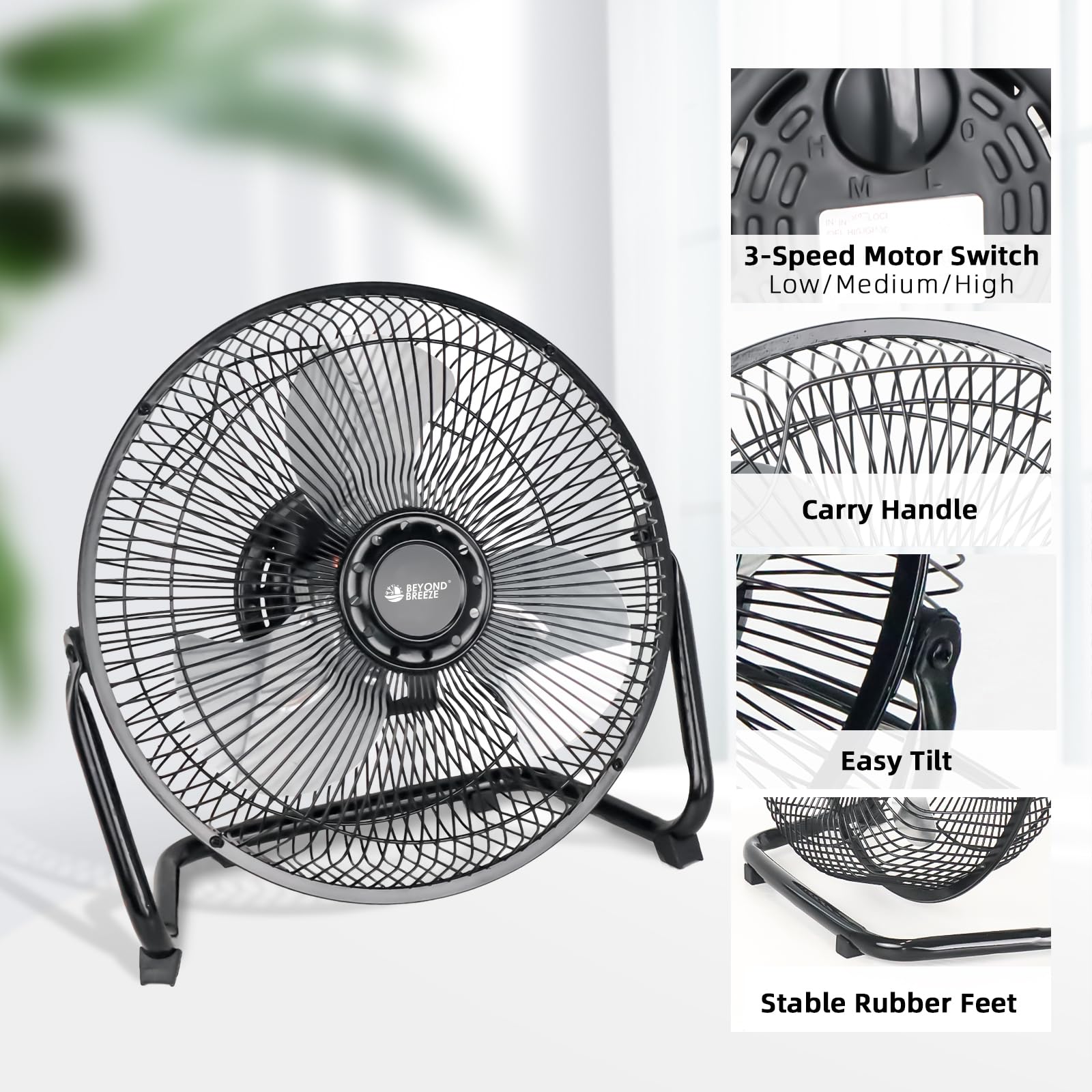 BEYOND BREEZE 9 inch Floor Fan, 3-Speed Small All Metal Cradle Floor Fans with Adjustable Tilt for Desk, Tabletop, Office