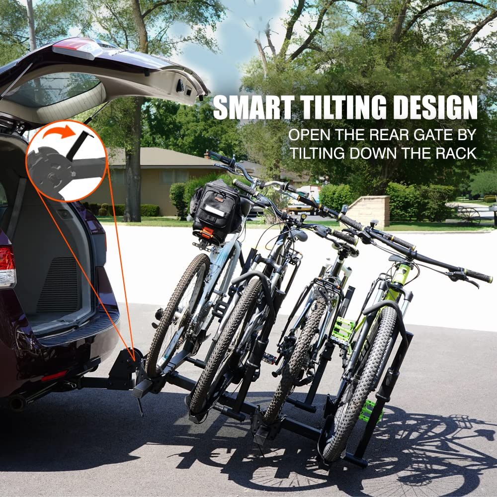 BV 4-Bike Bicycle Hitch Mount Rack Carrier for Car Truck SUV - Tray Style Smart Tilting Design, Fit E-Bike with max 4.8” tire Width/Max Load 132 Lbs.