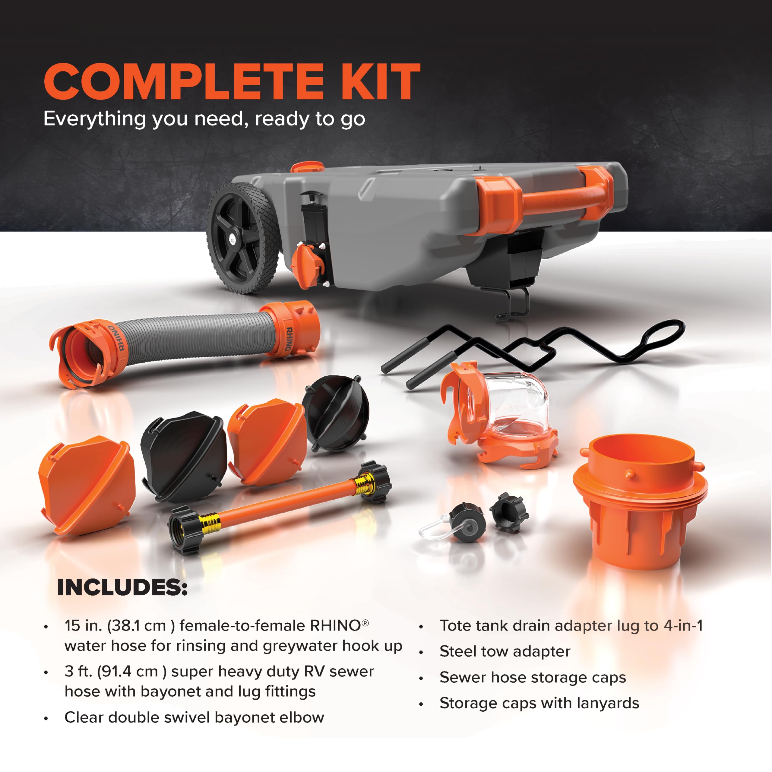 Camco Rhino 28-Gallon Portable Camper / RV Tote Tank - Features Large Heavy-Duty No-Flat Wheels & Built-In Gate Valve - Removable Steel Tow Adapter, 3β RV Sewer Hose & More RV Accessories (39004)