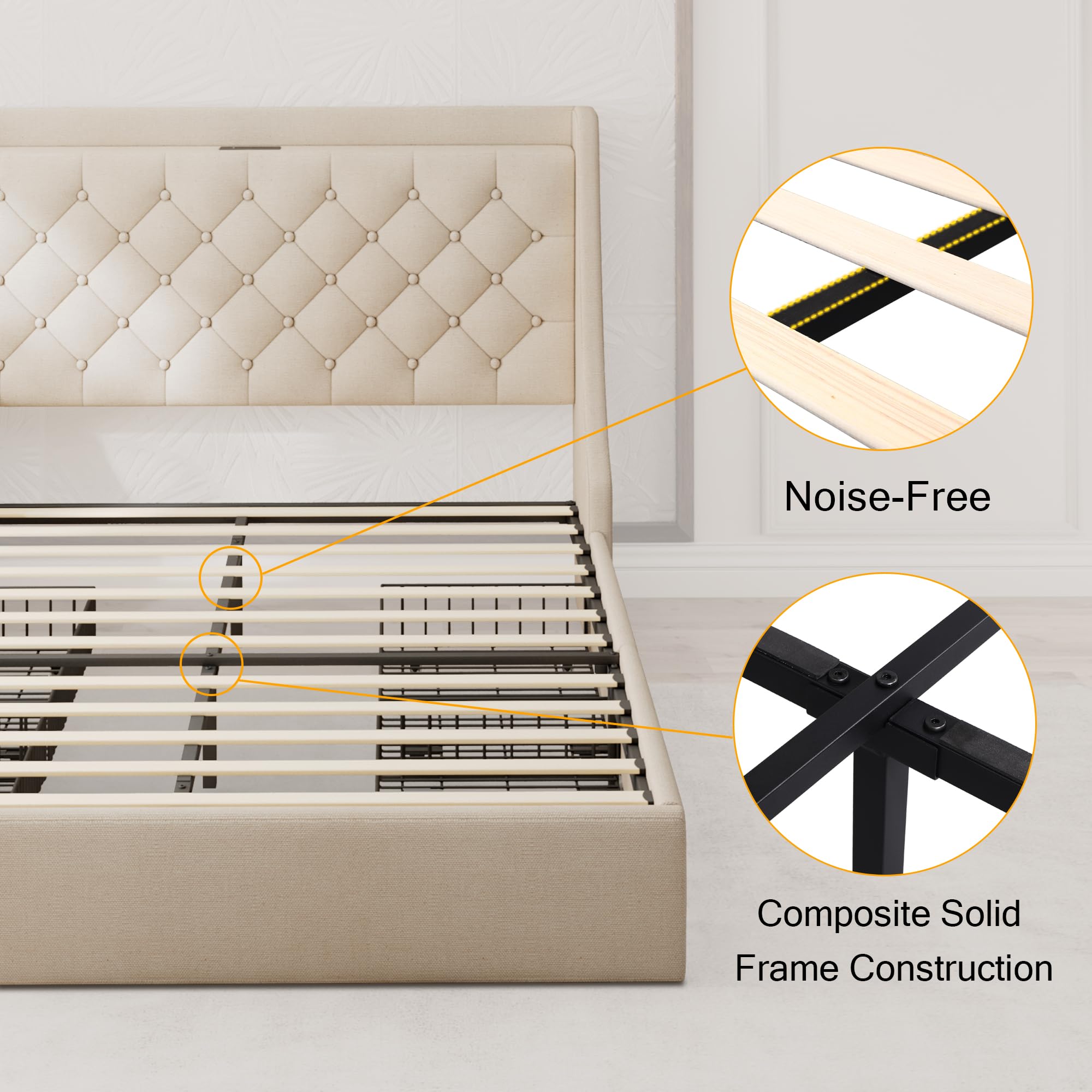 Einhomn Upholstered King Size Bed Frame with 4 Storage Drawers, Platform Bed Frame with Wingback Headboard, Charging Station, No Box Spring Needed, Beige