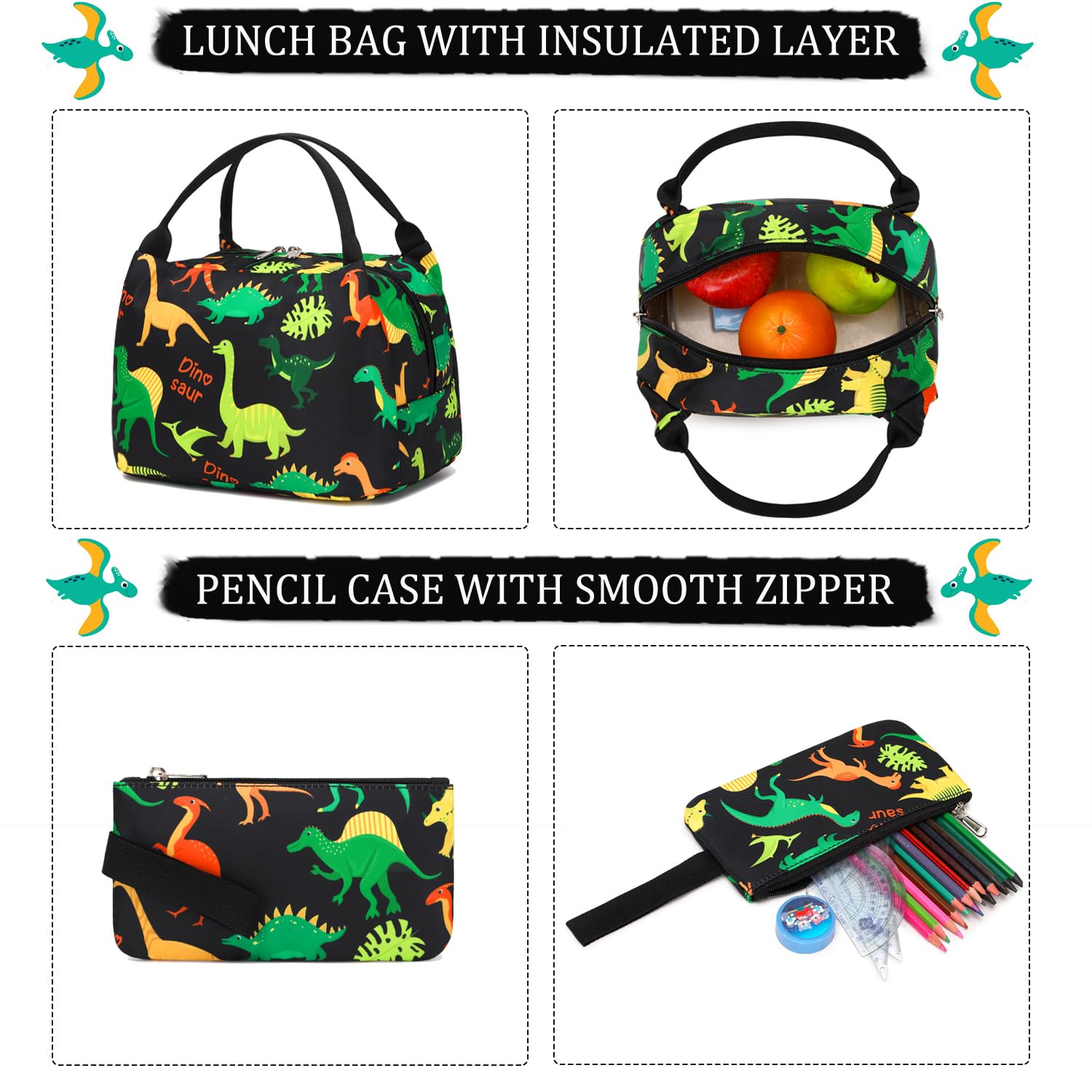 Boys Backpack Dinosaur Backpack for Boys Kids Dinosaur Backpack with Chest Strap Kindergarten School Bookbag Set with Lunch Box Pencil Case