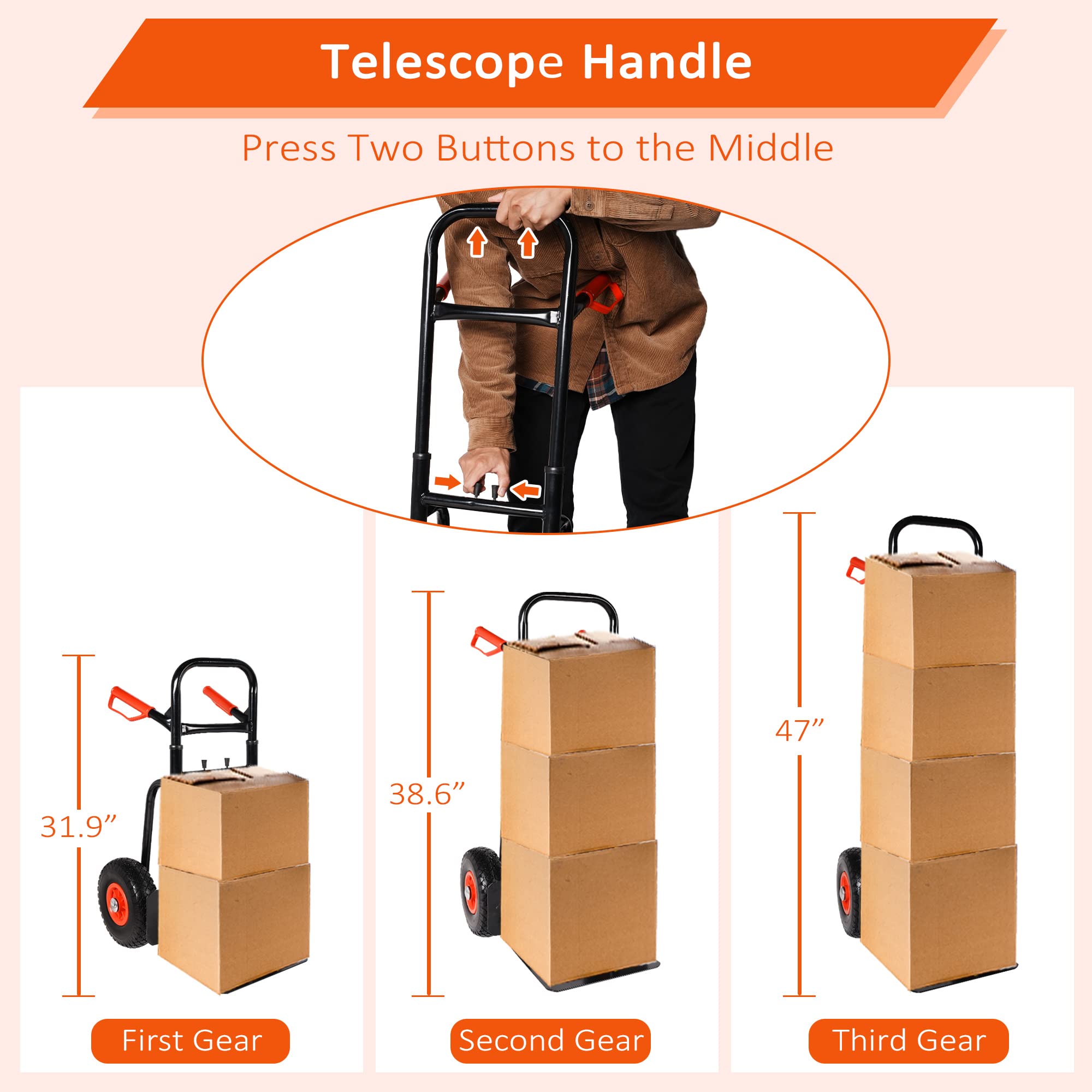 Endynino Portable Hand Truck, Heavy Duty Iron Dolly Cart with Telescoping Handle 440 lbs Capacity, PU Wheels and 3 Position Height Adjustable, Lightweight Utility Trolley Cart for Garage, Warehouse
