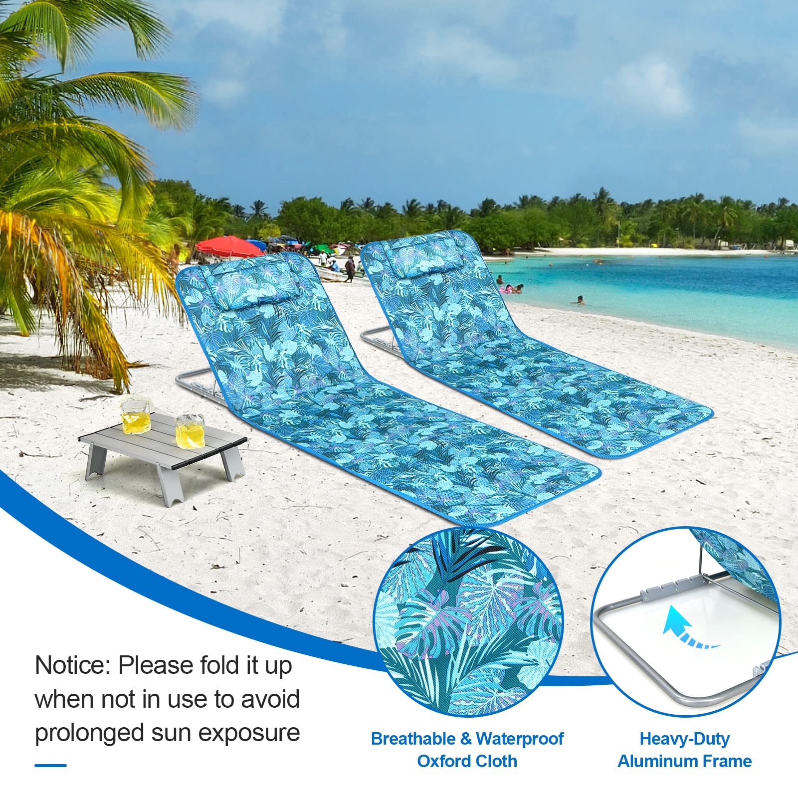 COSTWAY 3-Piece Beach Lounge Chairs, Outdoor Lounger with Side Table, 5 Reclining Positions, Lightweight & Portable Tanning Chairs for Sunbathing, Camping (Turquoise)