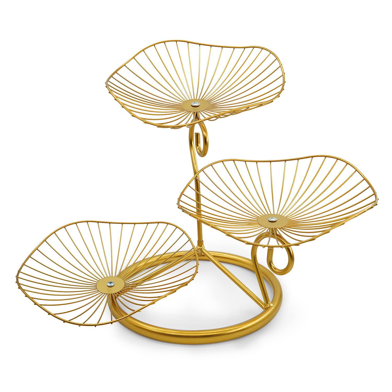 BUDO Metal Fruit Basket, 3-Tier Decorative Fruit Bowl, Wire Vegetables Snacks Metal Bowl Storage Trays Table Countertop, Modern Veggie Holder Stand for Home Kitchen Centerpiece, Gold