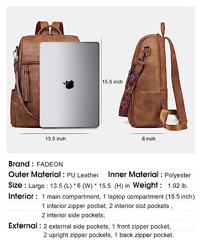 FADEON Laptop Backpack Purse for Women Large Designer PU Leather Laptop Bag, Ladies Computer Shoulder Bags