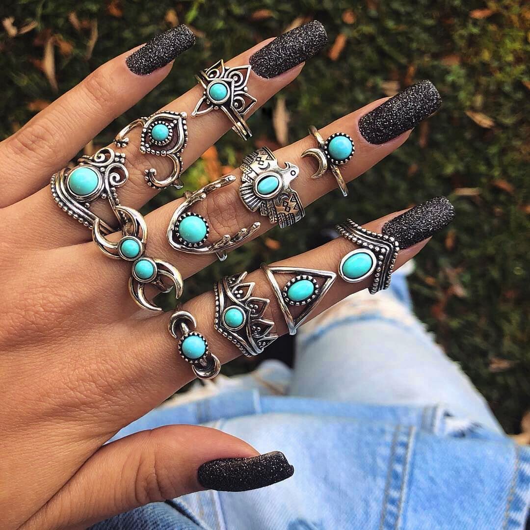 BVGA 40 Pcs Vintage Turquoise Rings for Women Bohemian Silver Oval Gemstone Rings Western Rings Boho Joint Knuckle Rings Midi Stacking Rings Set Gifts