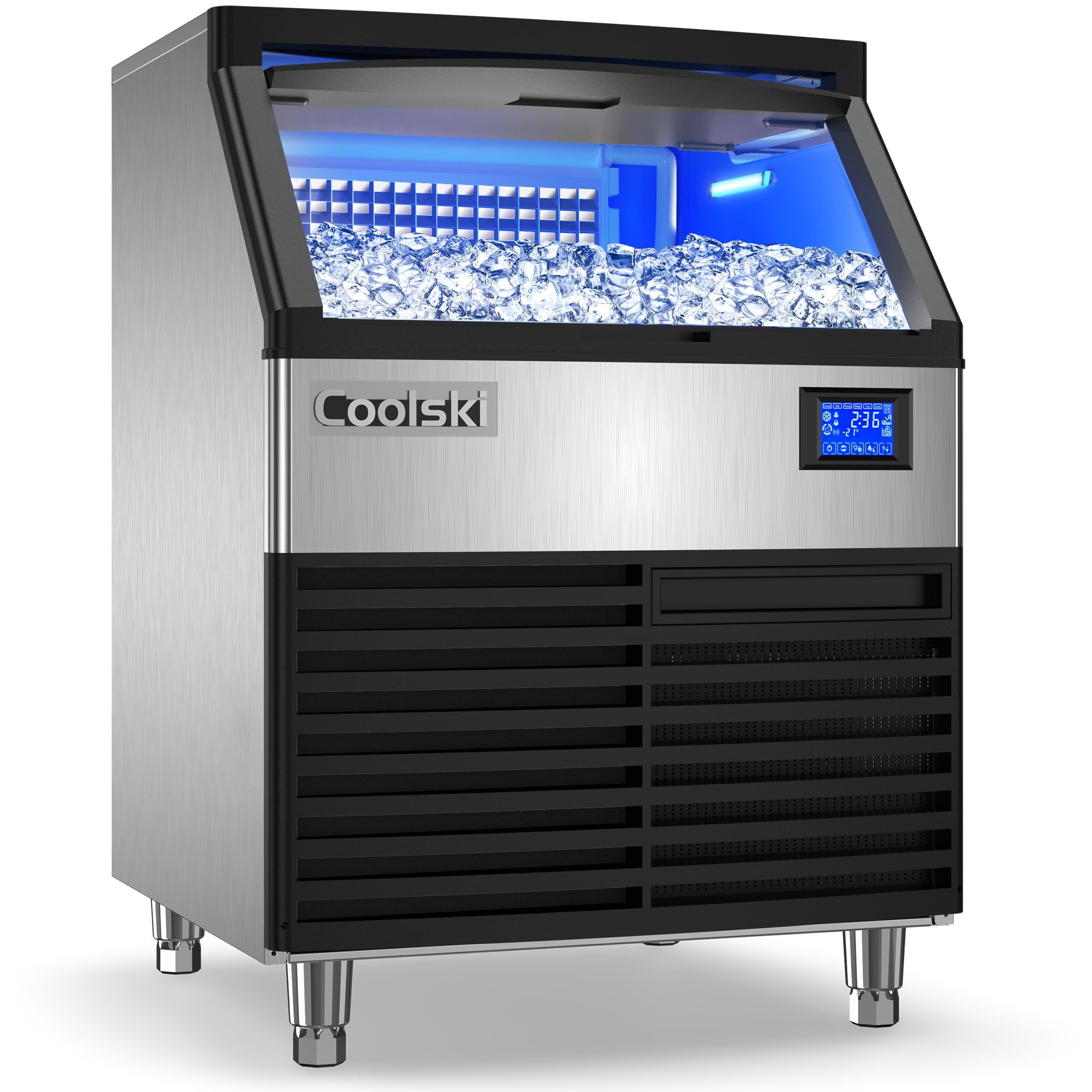 Coolski Commercial Ice Maker Machine 200LBS/24H, 26ββ Under Counter Ice Machine with 80LBS Storage Capacity, Stainless Steel Ice Maker for Restaurant/Bar/Home, Air Cooled/Clear Ice Cubes/ETL Approved