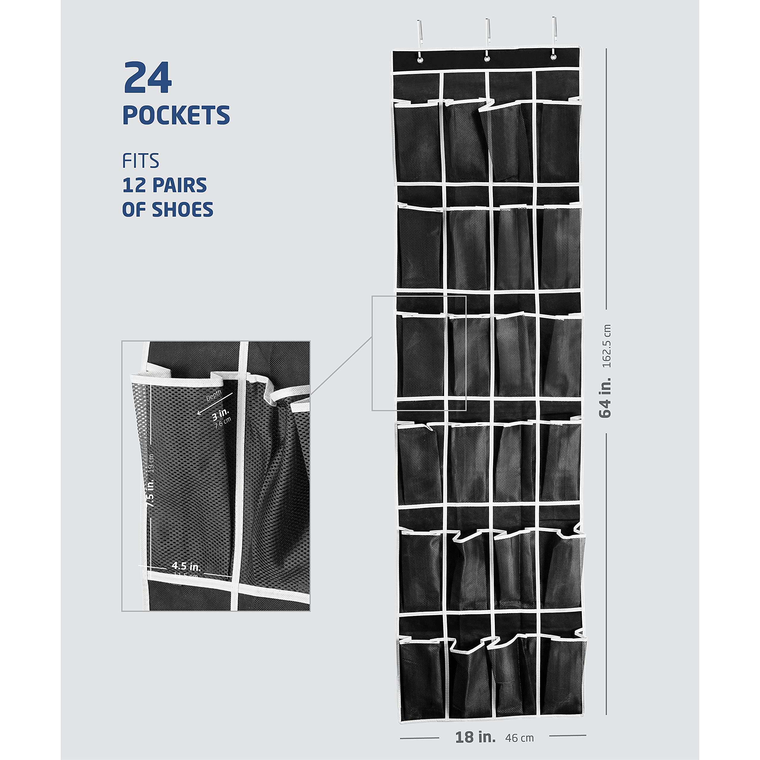 ZOBER Over The Door Shoe Organizer - 24 Breathable Pockets, Hanging Shoe Holder for Maximizing Shoe Storage, Accessories, Toiletries, Laundry Items. 64in x 18in