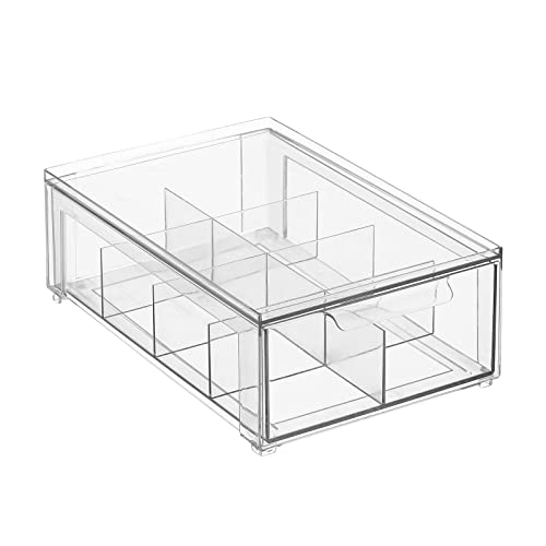 mDesign Plastic Kitchen and Pantry Organizer with Divided Drawer - Stackable Bin with 8 Sections for Tea and Snack Food - Perfect for Organizing Cabinet, Fridge - Lumiere Collection - Clear