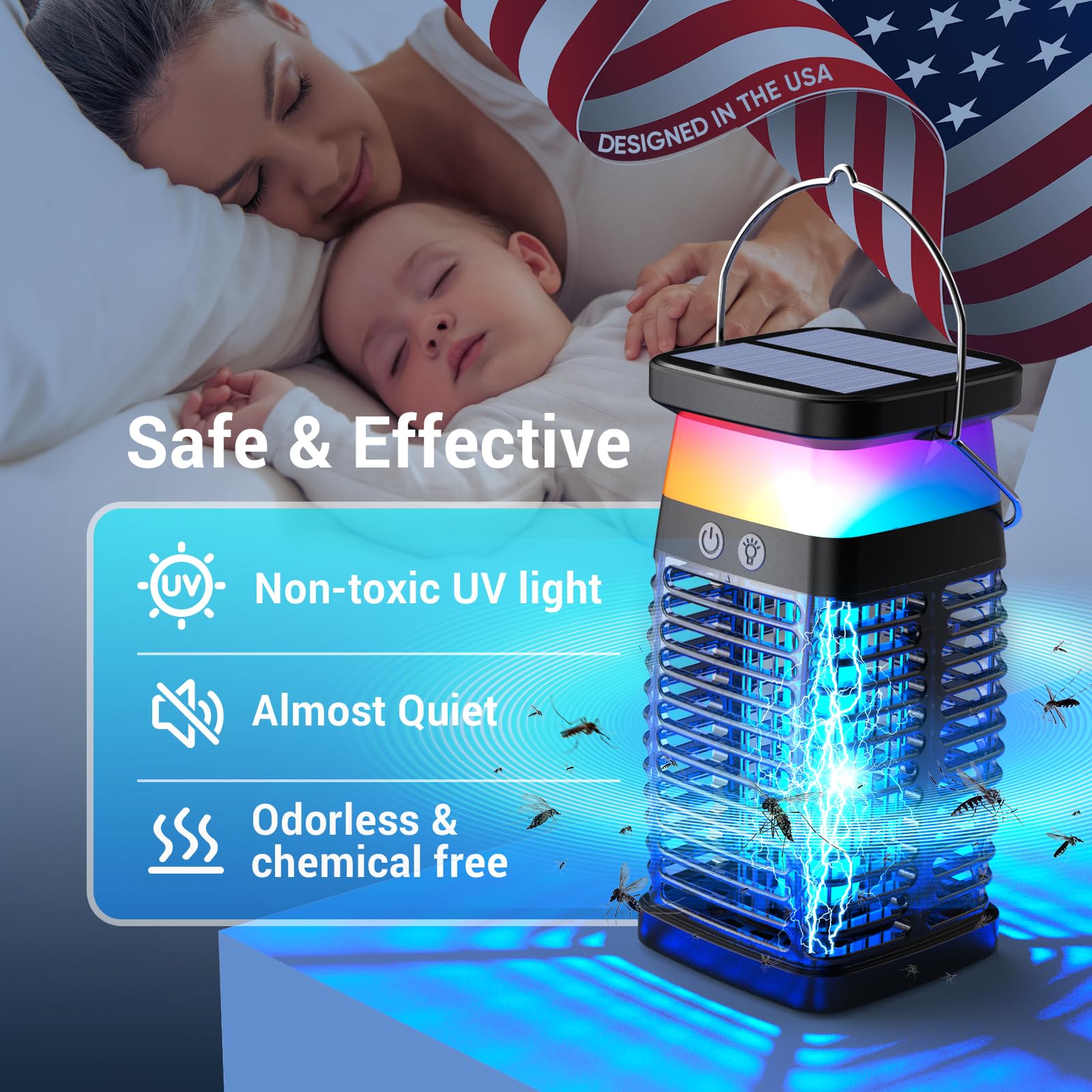 Bug Zapper Outdoor Indoor Mosquito Zapper Solar Fly Zapper Rechargeable Electric IP70 Waterproof Plug in with RGB Light & Reading Lamp for Patio Camping Home Backyard