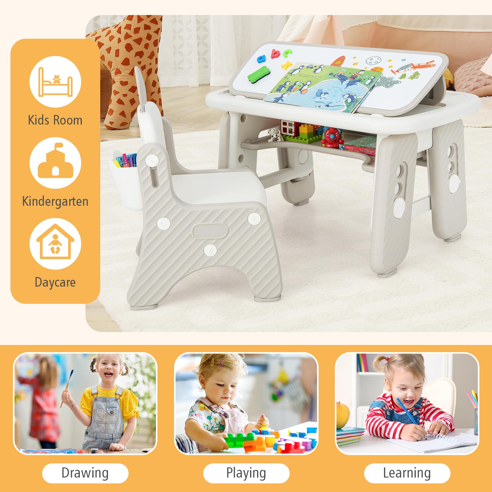 Costzon Kids Table and Chair Set, Graffiti Activity Table w/Flip-Top Tabletop Bookshelf, Erasable Magnetic Drawing Board, Storage, Adjustable Height for Drawing, Toddlers Art Table & Chair (Gray)