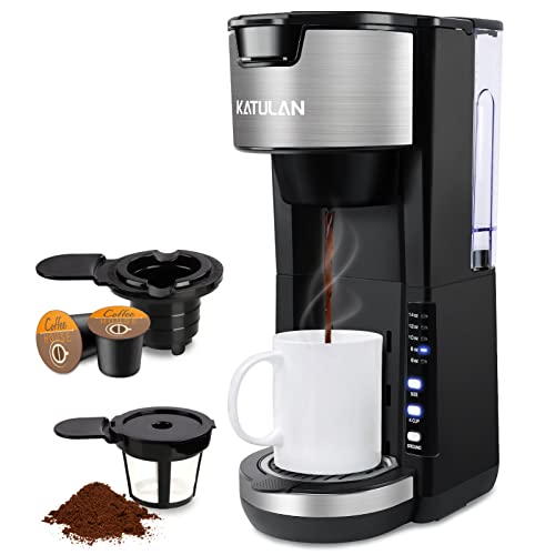 Single Serve Coffee Maker K Cup & Ground Coffee, One Cup Brews 6-14 Oz in 2 Mins, Fits Travel Mugs, with 30 Oz Removable Water Tank, Reuseable Filter, Black