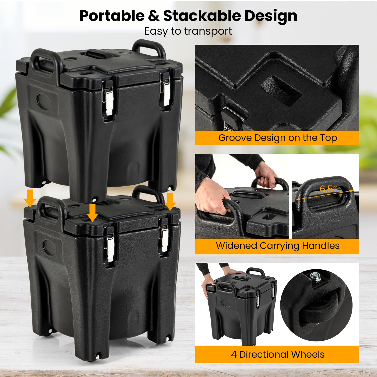 COSTWAY Insulated Food Carrier, 32Qt Stackable Catering Hot Box w/ 4 Directional Wheels, Stainless Steel Barrel, Commercial Portable Food Warmer for Warming Dish Cold Beverage, Canteen Restaurant (4)