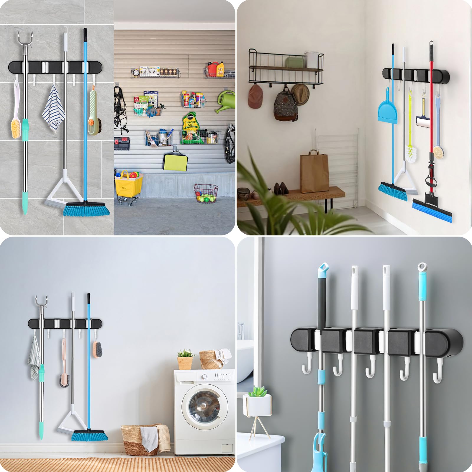 Broom and Mop Holder Wall Mounted, Mop Hanger Broom Storage Tool Rack with 4 Racks & 5 Hooks, Mop Broom Organizer, Garden Tool Organizer with Adhesive Hooks for Home Laundry Garage Kitchen Shed, Black